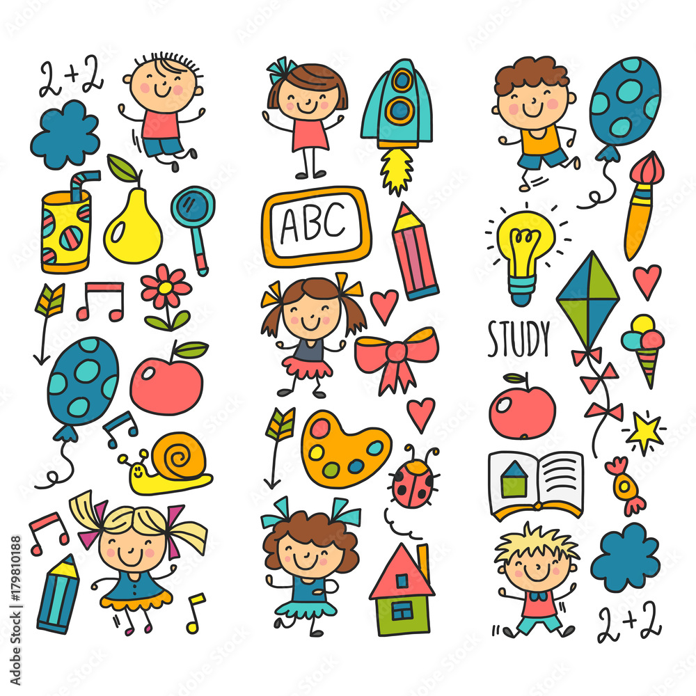 Kids drawing Kindergarten School Happy children play Illustration for ...