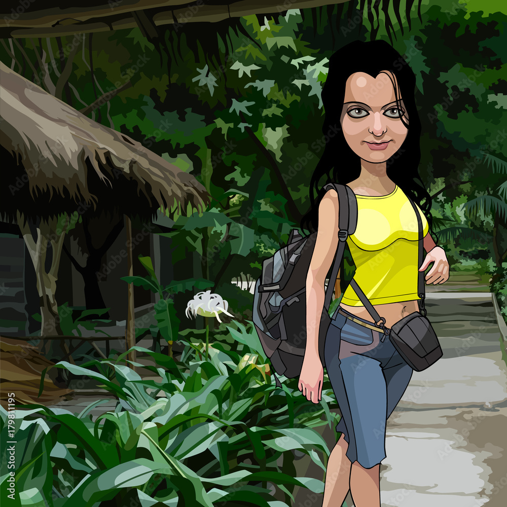 cartoon female hiker with backpack in the tropics Stock Vector | Adobe ...