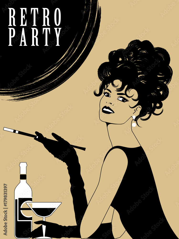 Girl with glass of wine and cigarette in the style of 1950 years. Retro ...