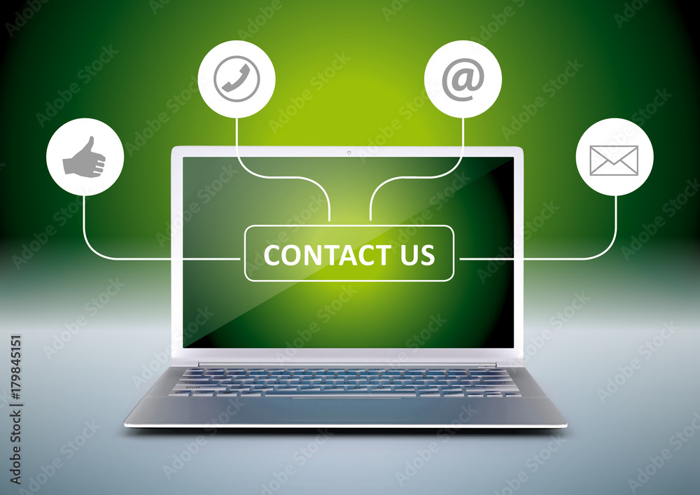 computer laptop contact us form social media, phone, mail Stock ...