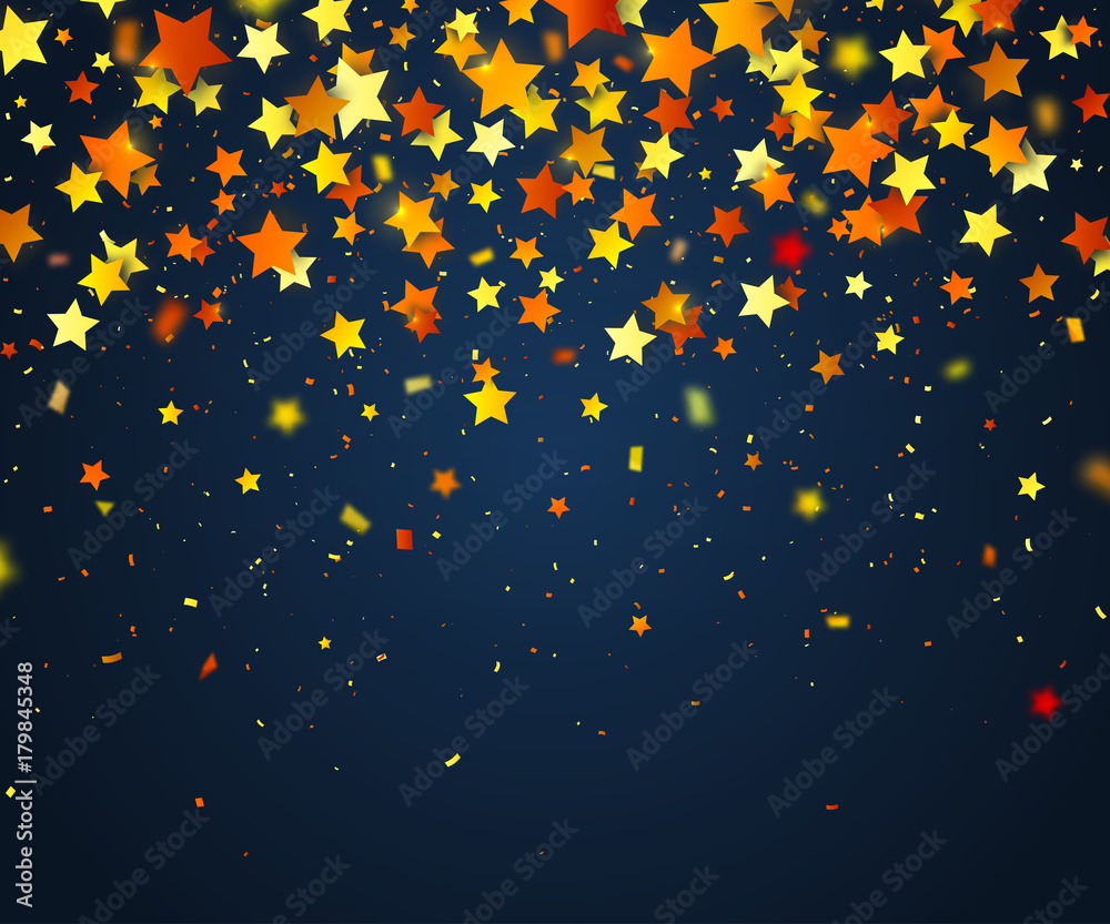 Colorful confetti of stars and paper particles falling randomly. Dark ...