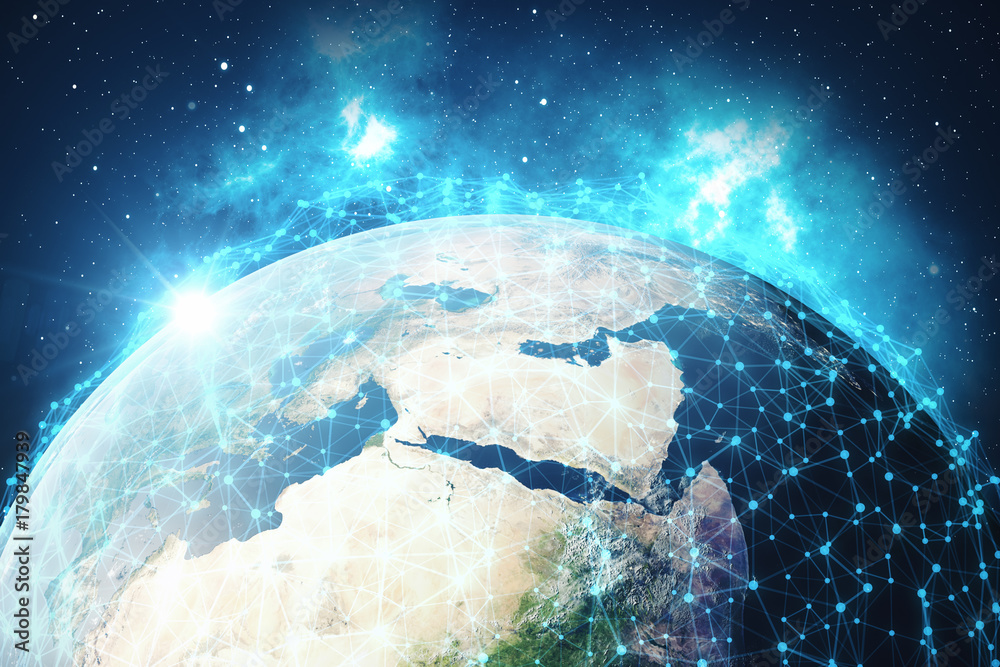 3D Rendering Global Network and Data Exchange. Connection lines Around ...