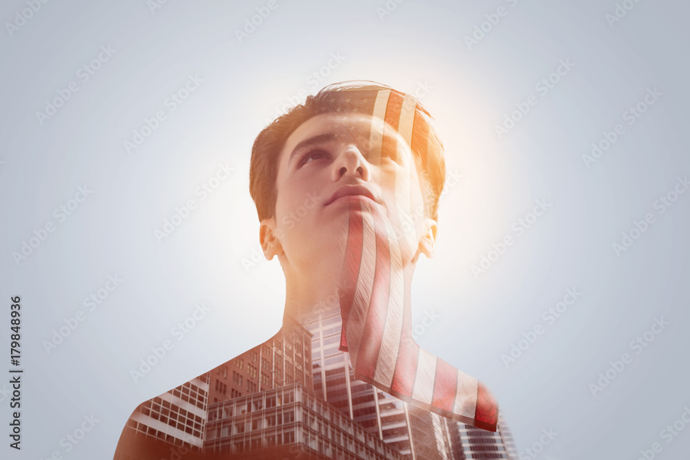 Innovative way. Promising hopeful young man looking up searching for ...