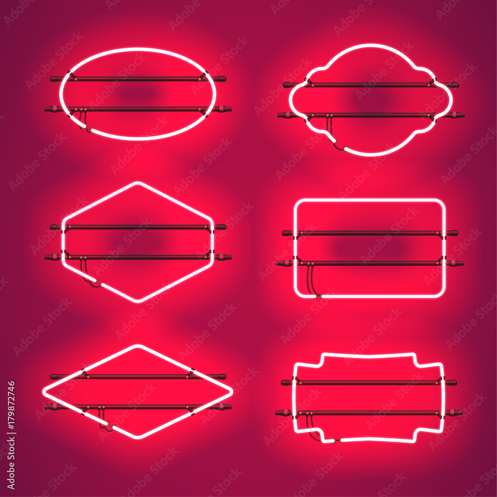 Set of realistic glowing red neon frames isolated on transparent ...