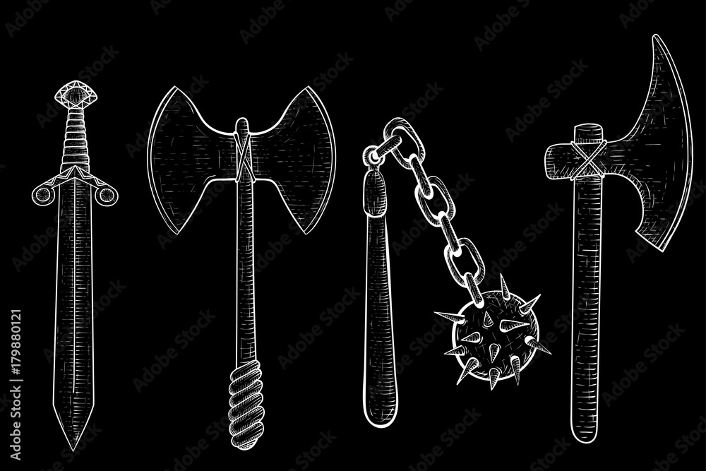 Set of viking weapons - sword, axes and flail. Hand drawn sketch on ...