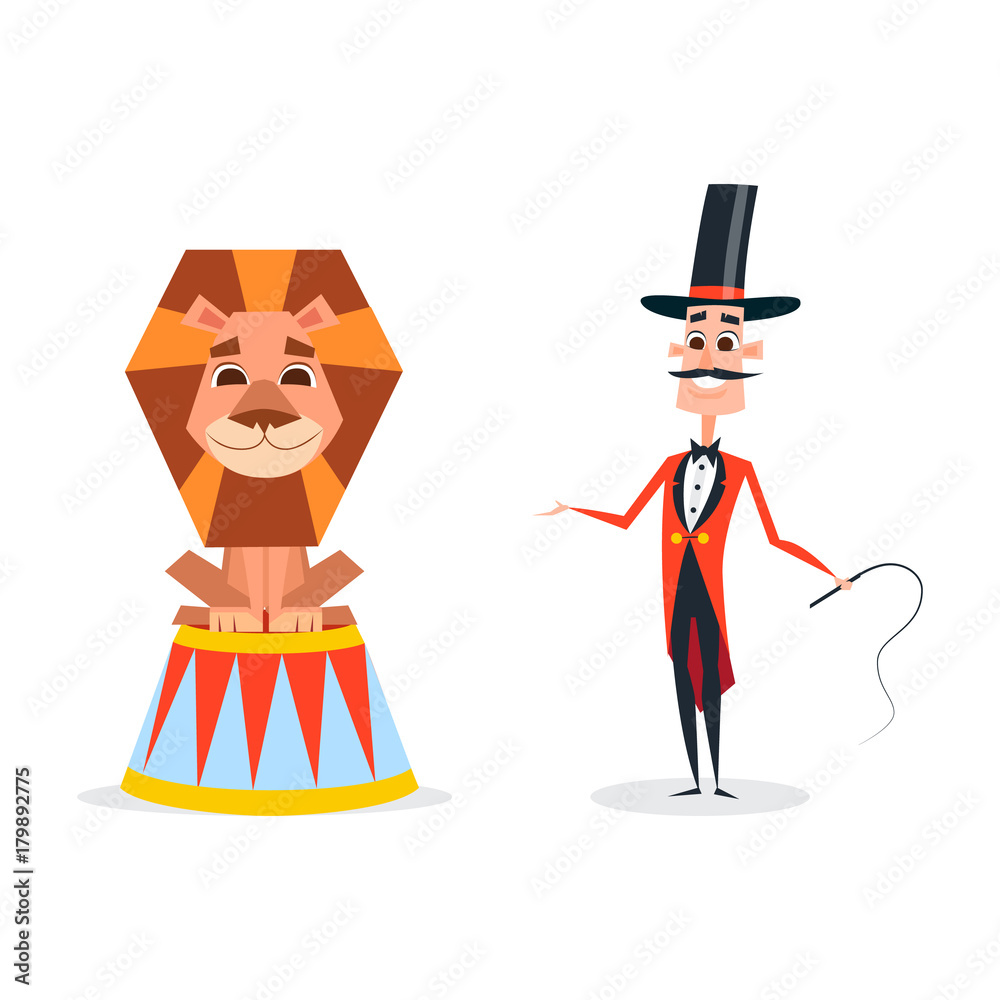 Circus trainer with a whip in a red suit. An animal tamer stands next ...