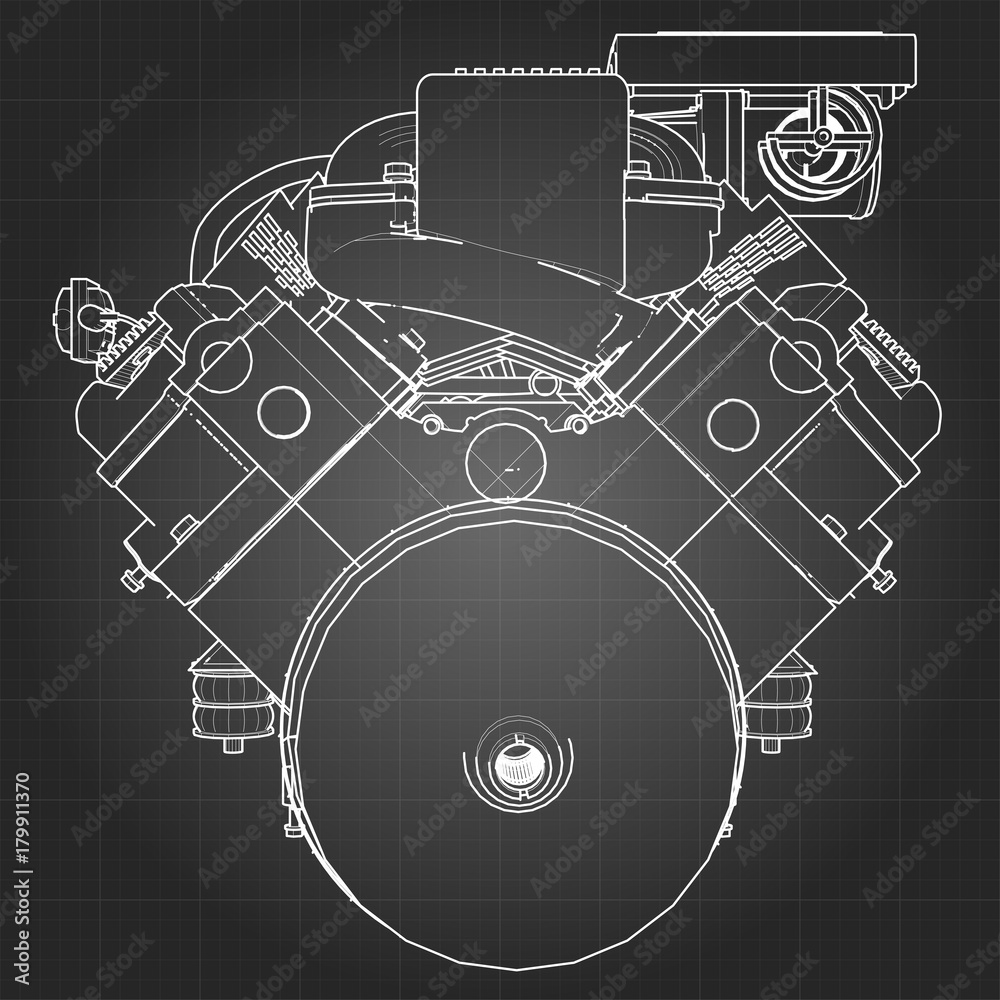 Vetor de Powerful V8 car engine. The engine is drawn with white lines ...
