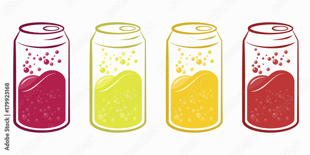 Can of sparkling juices, Juicy soft drink can vector set. Stock Vector ...