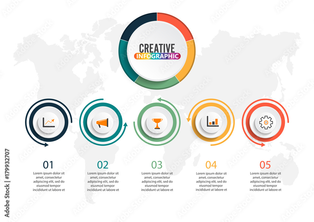 Abstract 3D infographic template with a five steps for success. Business circle template with ...