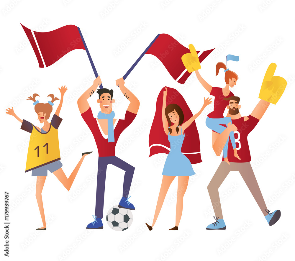 Group of sport fans with football attributes cheering for the team ...