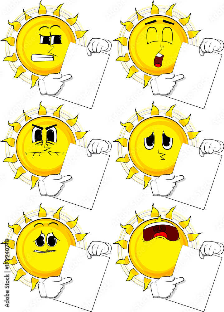 Cartoon sun holding white paper and pointing at it. Collection with sad ...