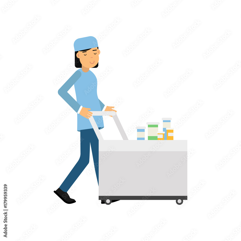 Cartoon medical worker pushing serving trolley with medicines Stock ...