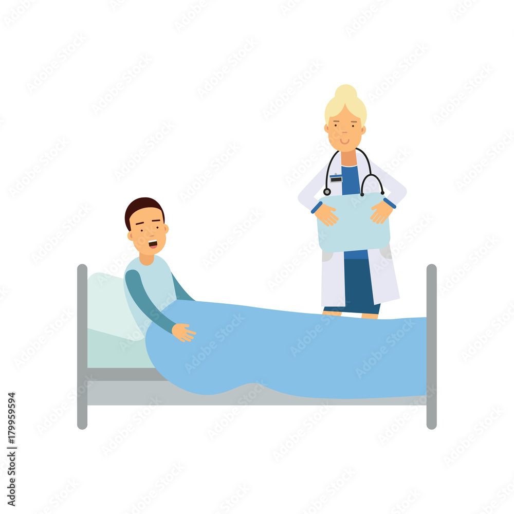 Cartoon character of female doctor visiting patient lying on bed in ...