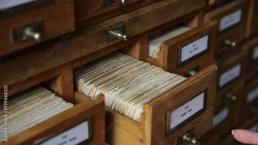 Drawer in the library in the rack for storing catalog cards. Stock ...