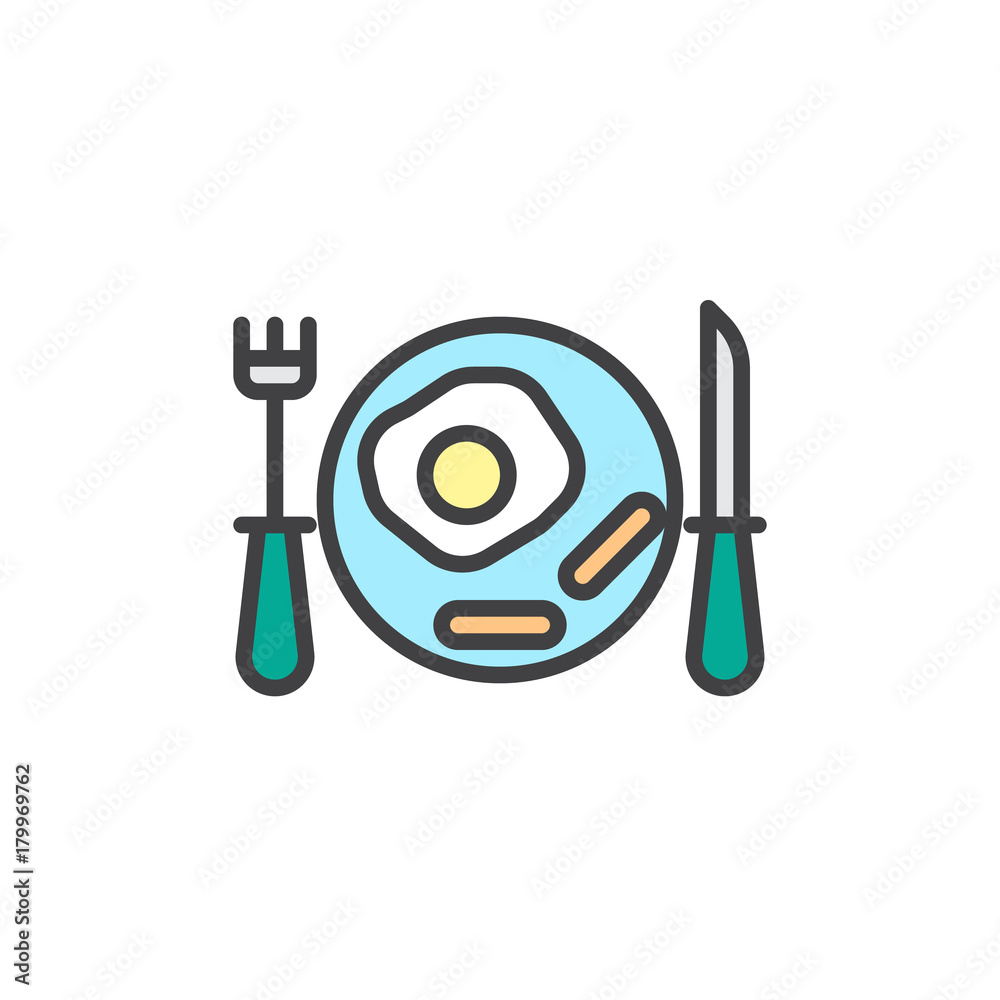 Breakfast with scrambled eggs and sausages filled outline icon, line ...