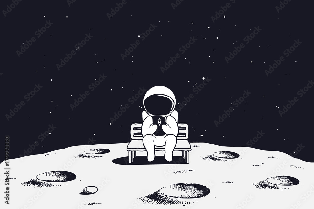 astronaut sits on the bench and see to mobile phone.Spaceman on Moon ...