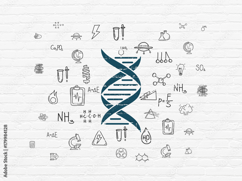 Science concept: Painted blue DNA icon on White Brick wall background ...