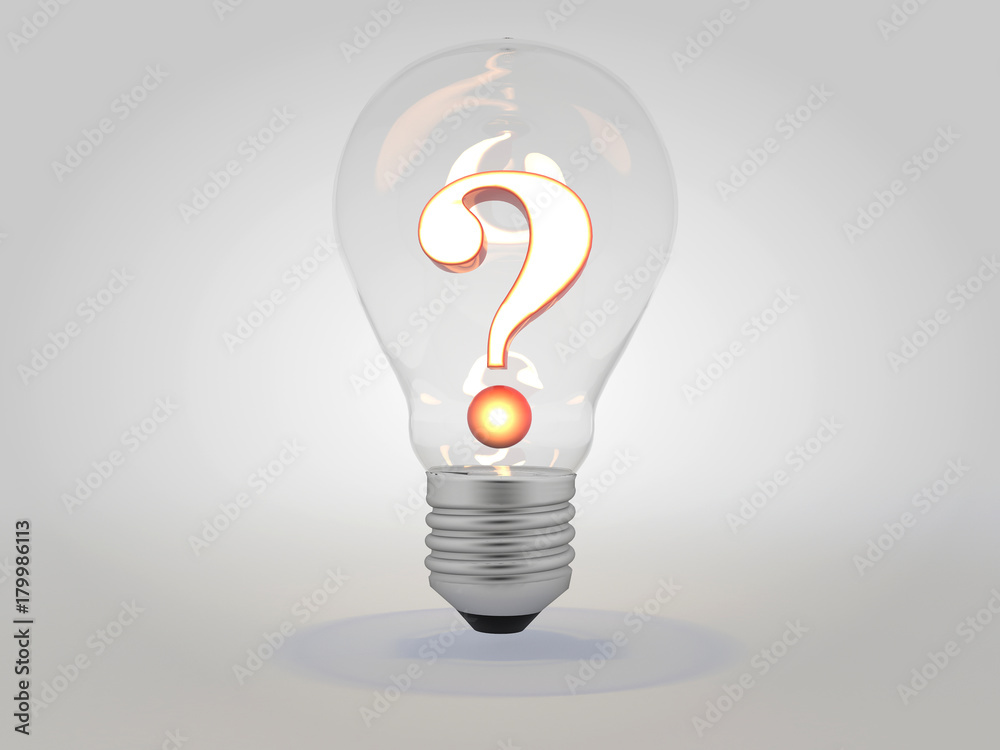 Question mark with lit light bulb idea concept 3D illustration Stock ...