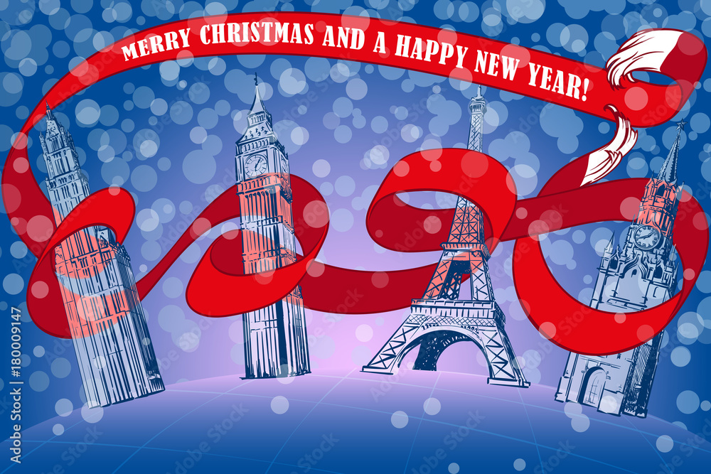 International Christmas Greeting card with recognisable landmarks of ...