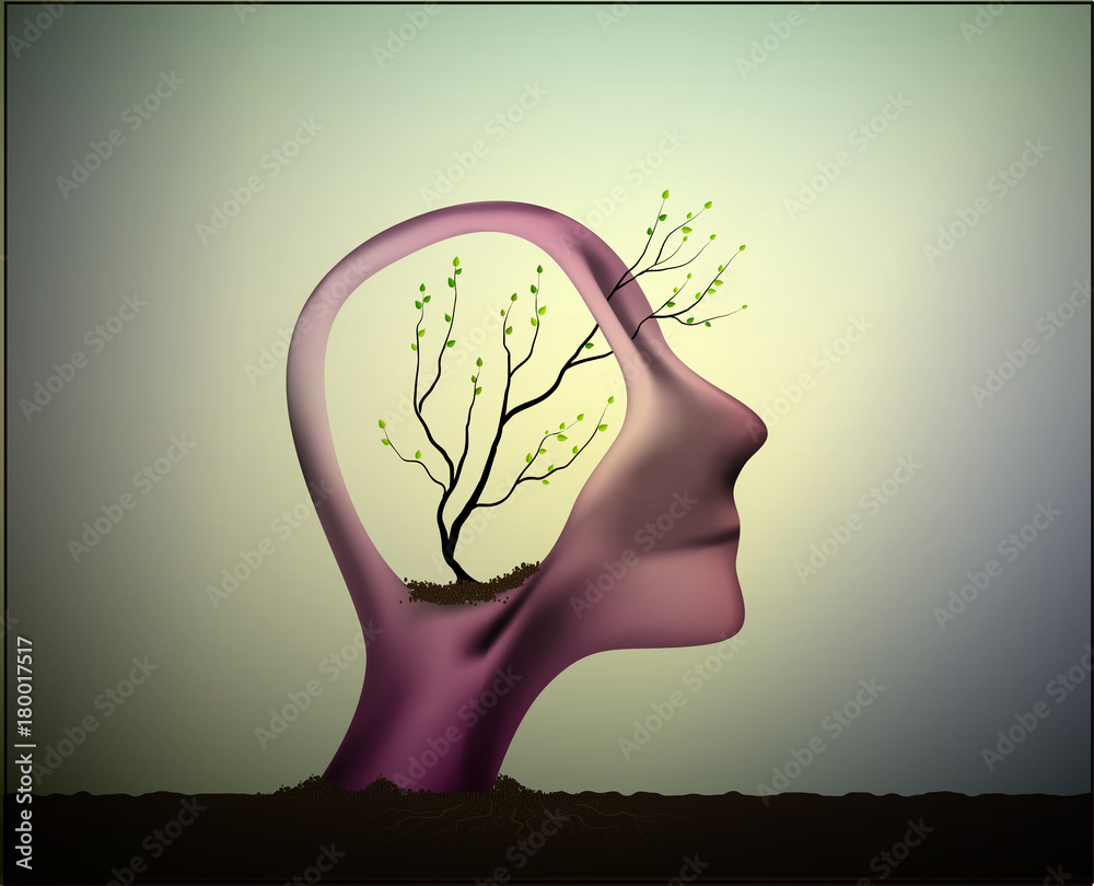 profile of the man with tree growing inside his head, think positive ...