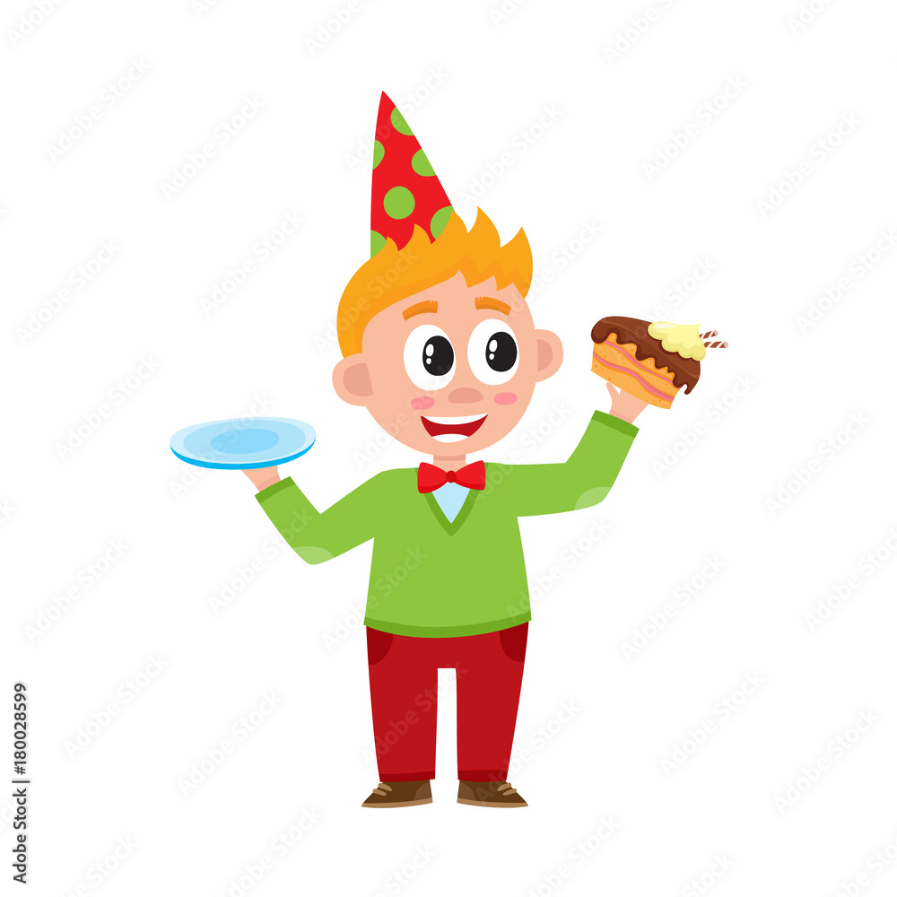Funny boy in birthday hat holding plate and piece of layered cake ...