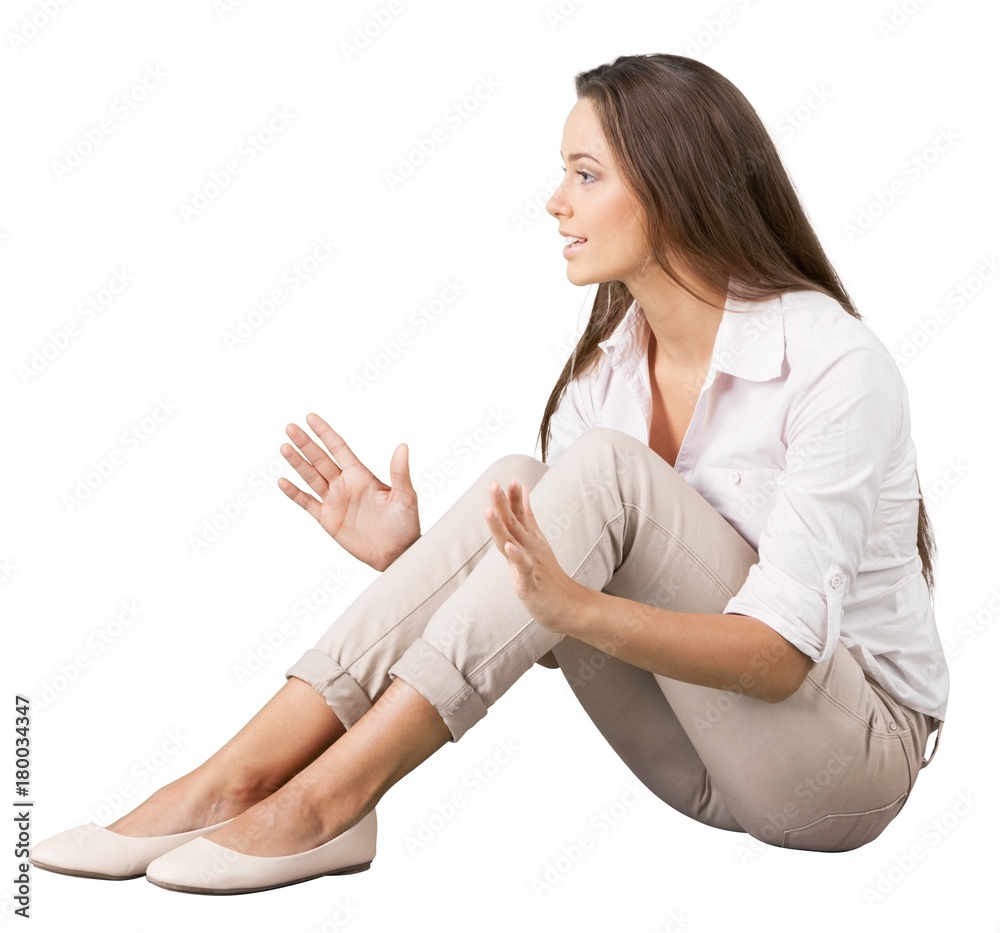Portrait of a Woman Sitting Down and Talking with Someone Stock-Foto ...