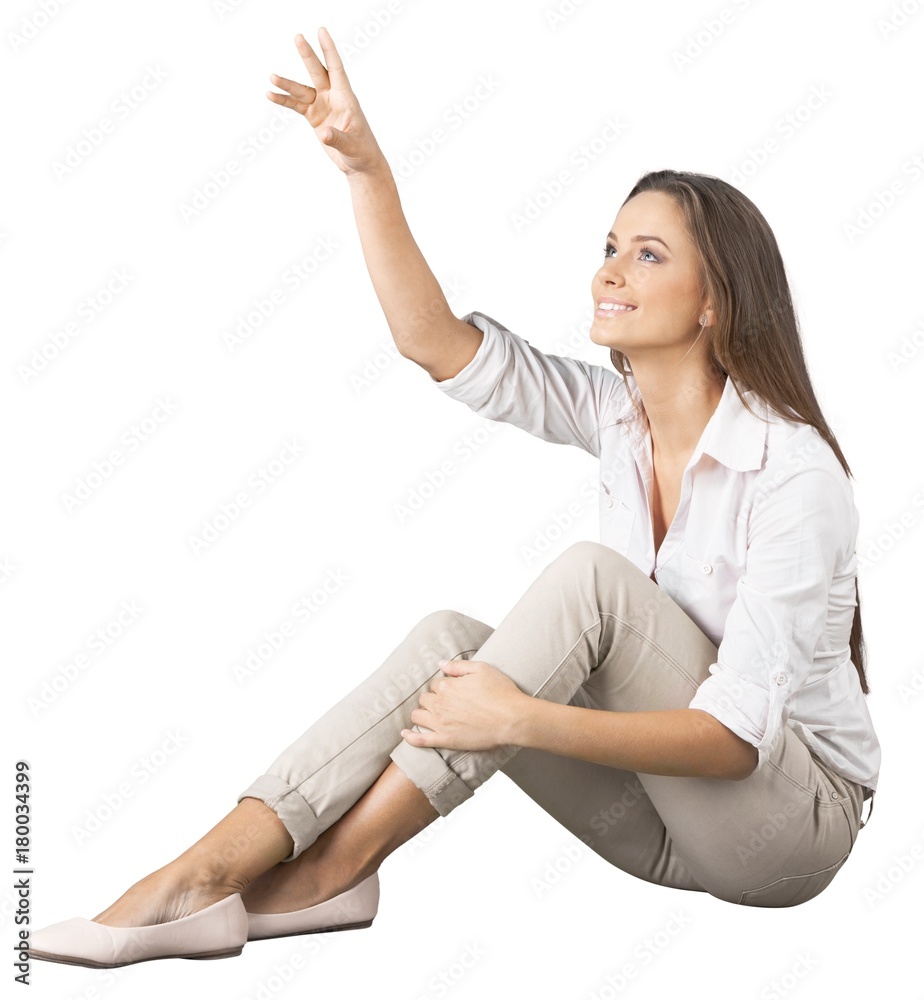 Portrait of a Woman Looking Up with Reaching Hand Stock-Foto | Adobe Stock