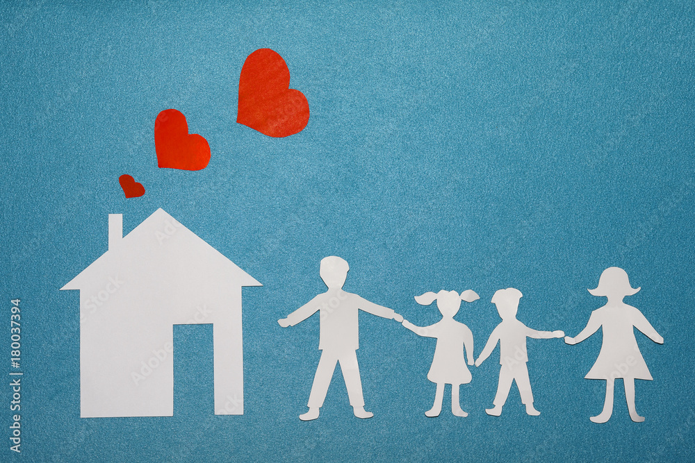 Family and home love concept. Paper house and family on blue textured ...