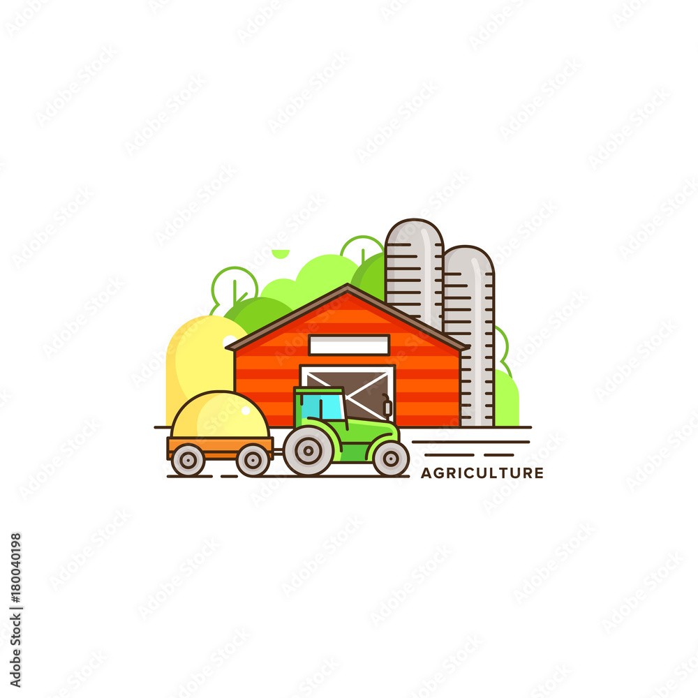 Farming vector flat illustration in linear design. The farm house and ...