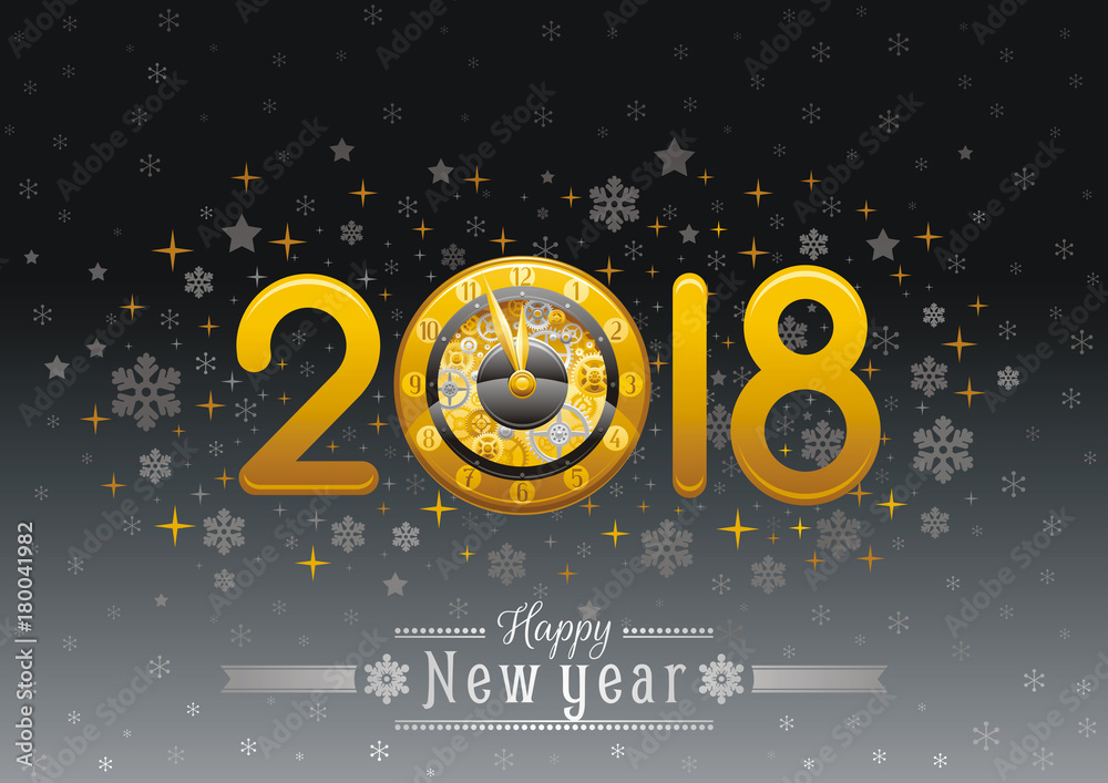 Happy new year 2018 silver golden logo icon. Vector poster with clock ...