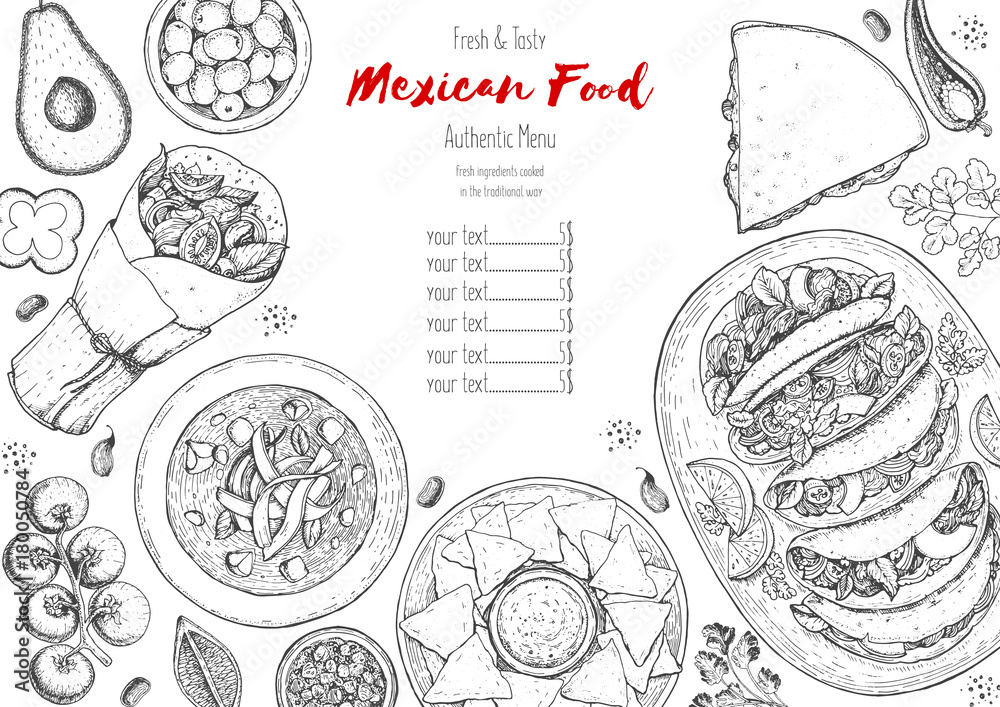 Mexican food top view frame. A set of mexican dishes with burritos ...