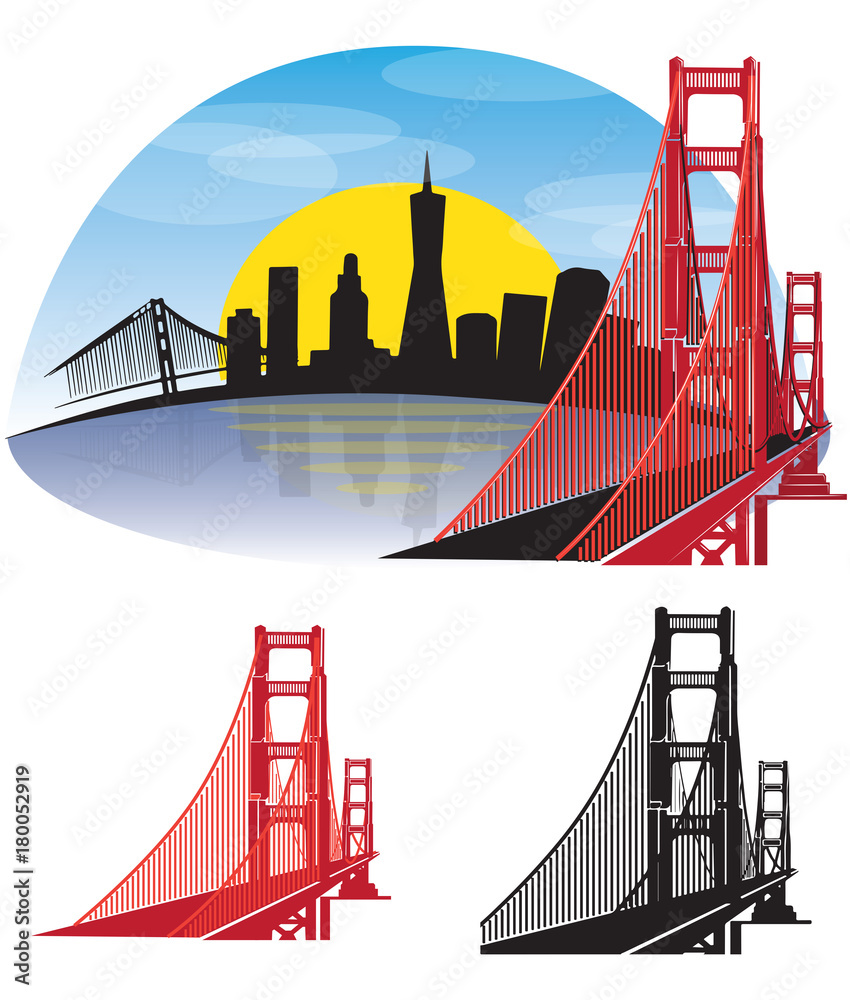 San Francisco Bay Golden Gate Bridge Vector Illustration Pack Stock ...