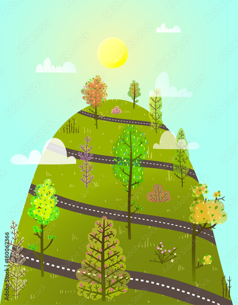 Cartoon uphill forest road scenery. Vector illustration. Stock Vector ...