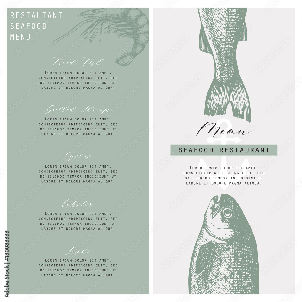 Hand drawn fish illustration. Vector template with hand drawn seafood ...