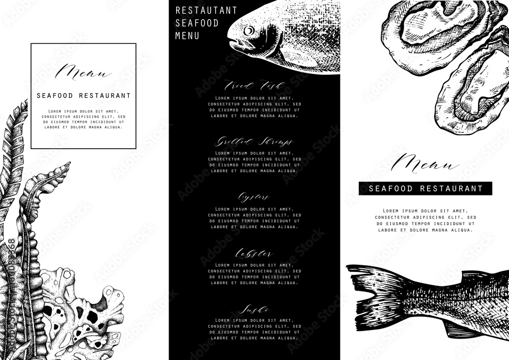 Hand drawn fish illustration. Vector template with hand drawn seafood ...