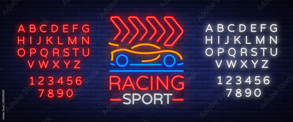 Racing Sports neon logo emblem pattern. A glowing sign on the theme of ...