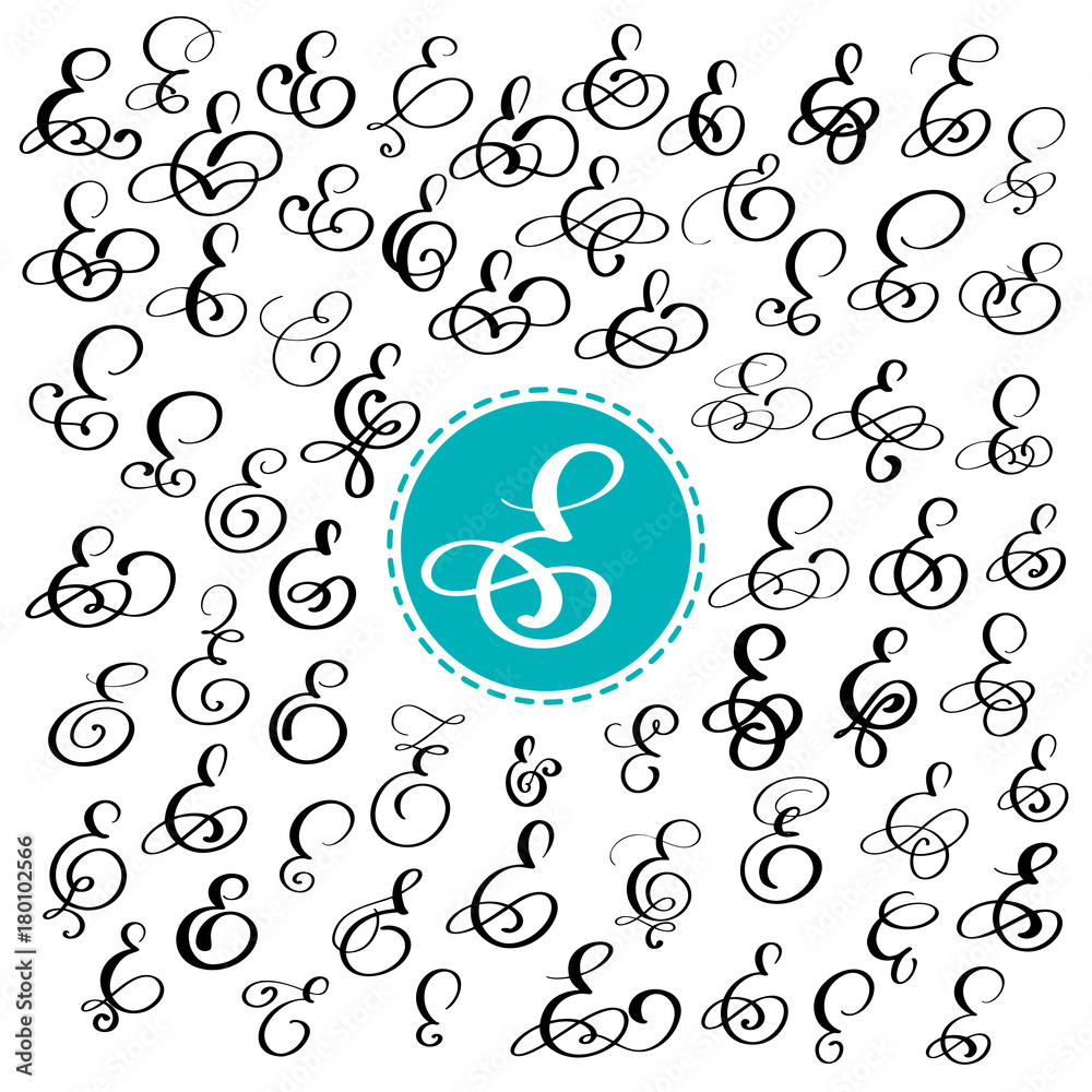 Set of Hand drawn vector calligraphy letter E. Script font. Isolated ...