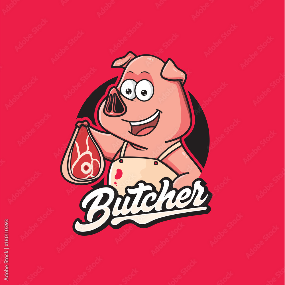 Pig Butcher with Big Smile holding Fresh meat, Mascot design character ...