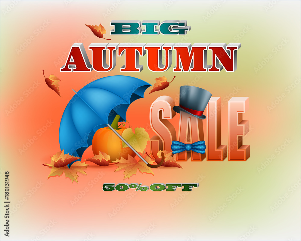 Allegorical autumn scene design with 3d texts, pumpkin, rain umbrella ...