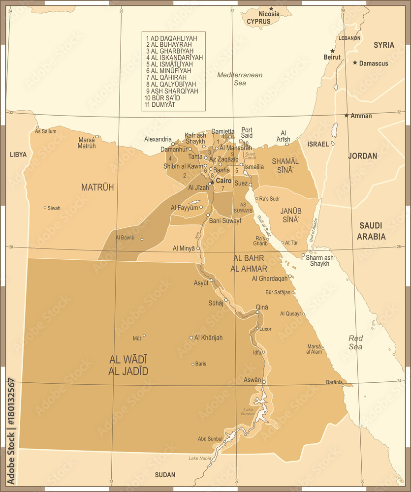 Egypt Map - Vintage Detailed Vector Illustration Stock Vector | Adobe Stock