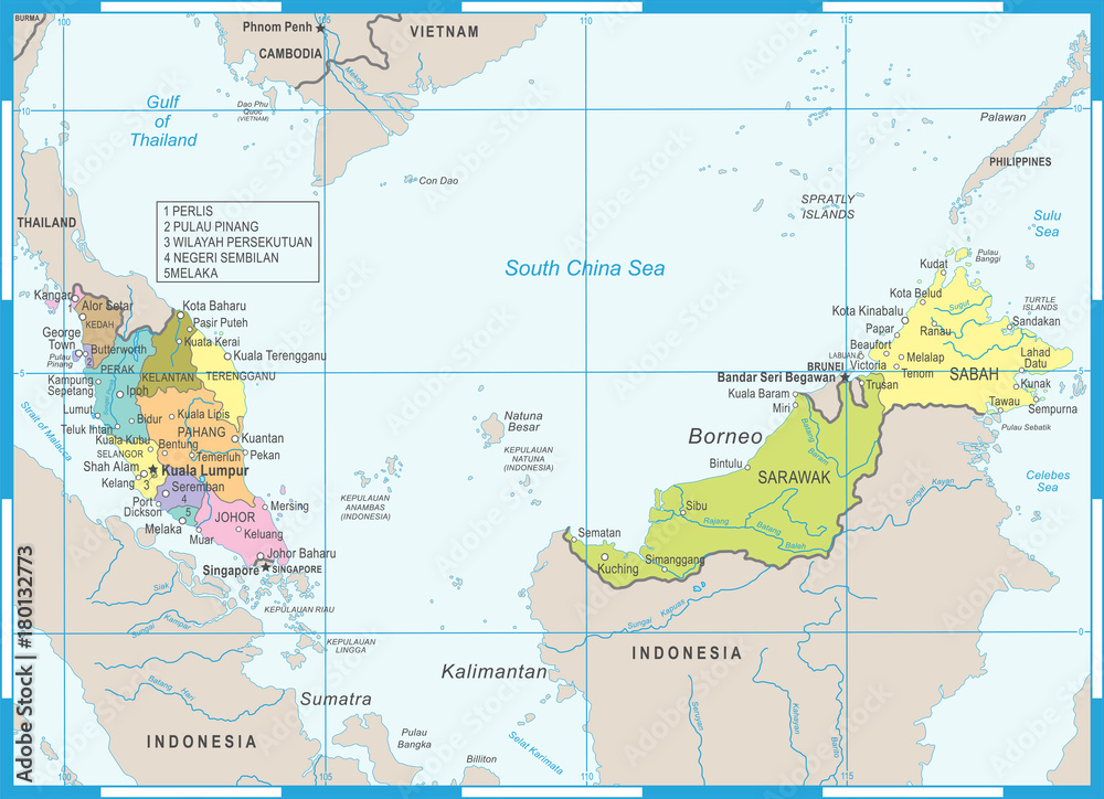 Malaysia Map - Detailed Vector Illustration Stock Vector | Adobe Stock