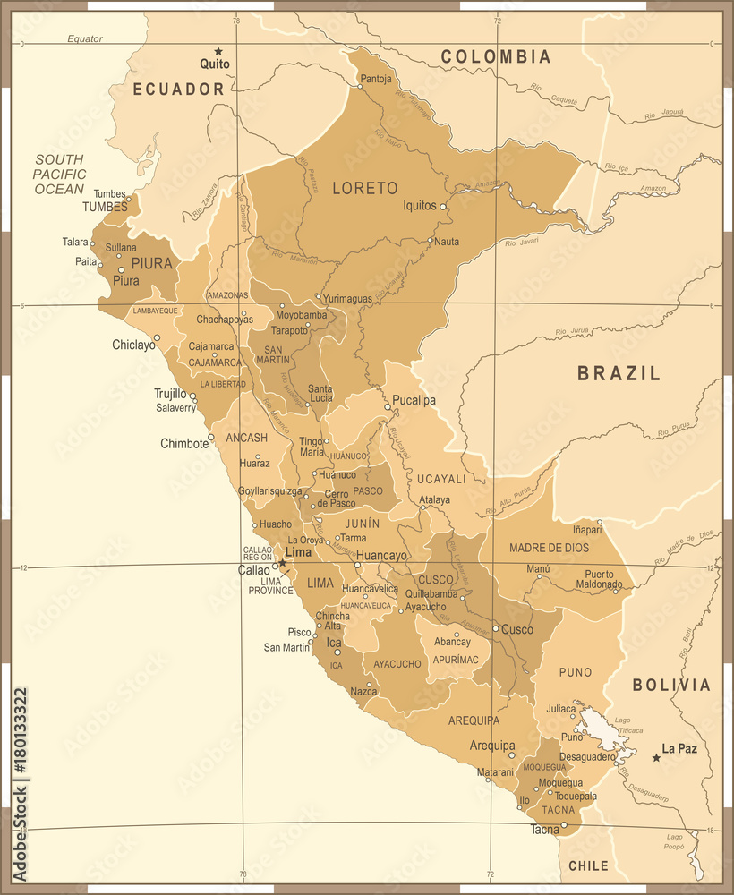 Peru Map - Vintage Detailed Vector Illustration Stock Vector | Adobe Stock
