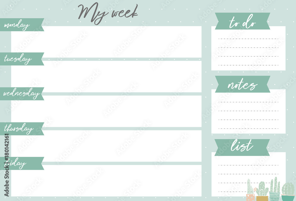 Green weekly planner with cactus, stationery organizer for daily plans ...