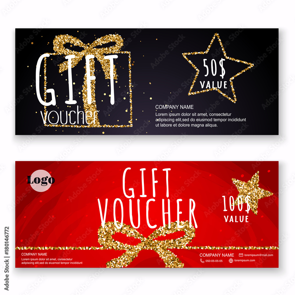 Voucher template with gold gift box,certificate. Background design ...