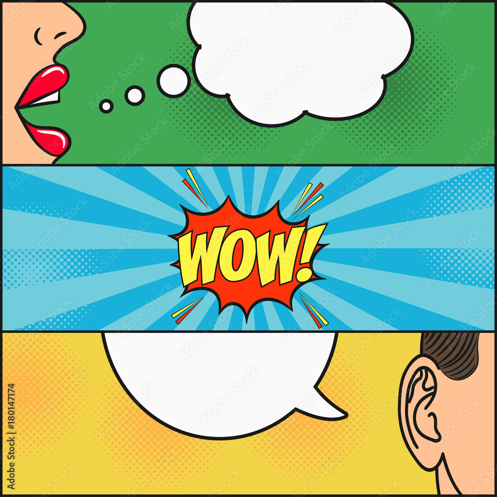 Design of comic book page. Dialog of girl and guy with speech bubble ...