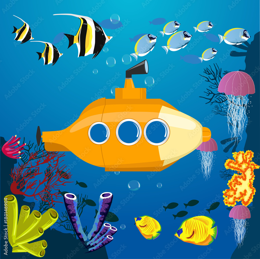 Cartoon yellow submarine underwater. Submarine background with fish ...