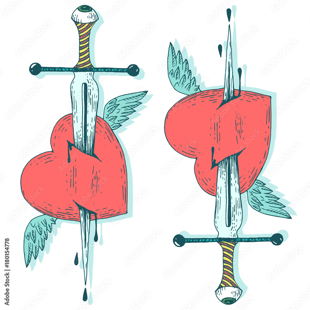 Vector sword and heart. Vintage style hand drawn illustration set Stock ...