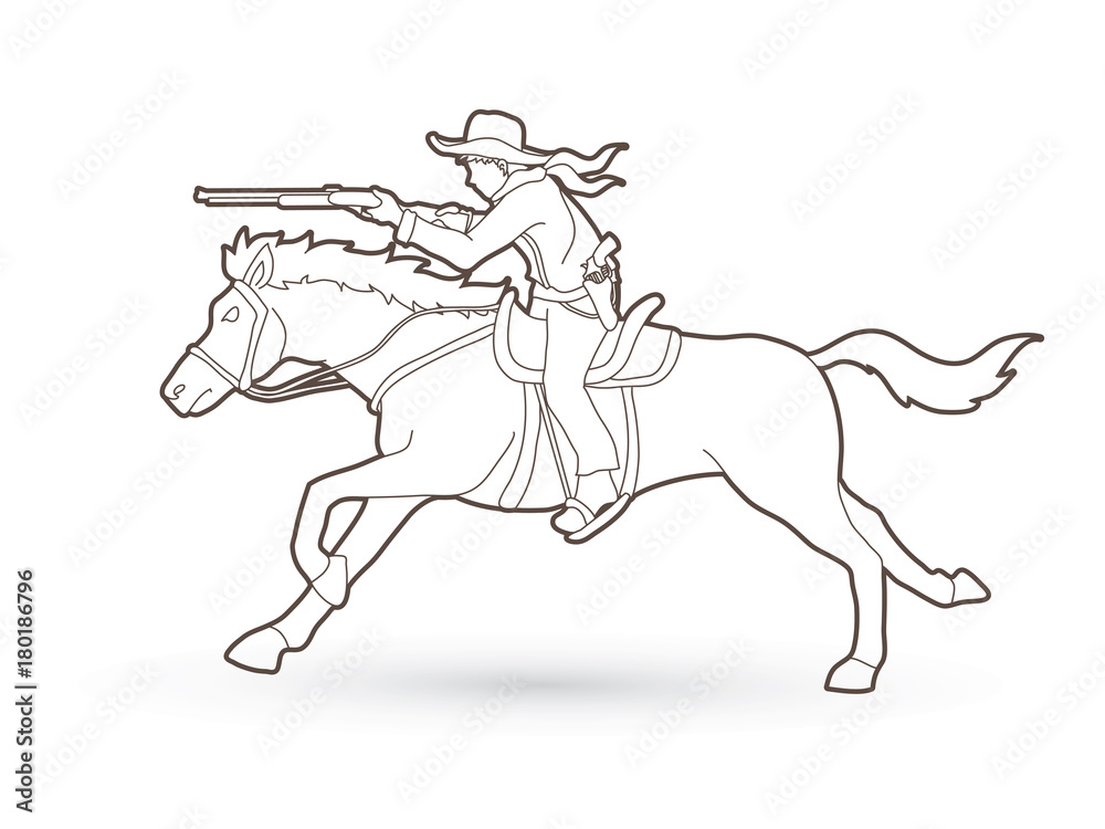 Cowboy on horse, aiming rifle outline graphic vector Stock Vector ...
