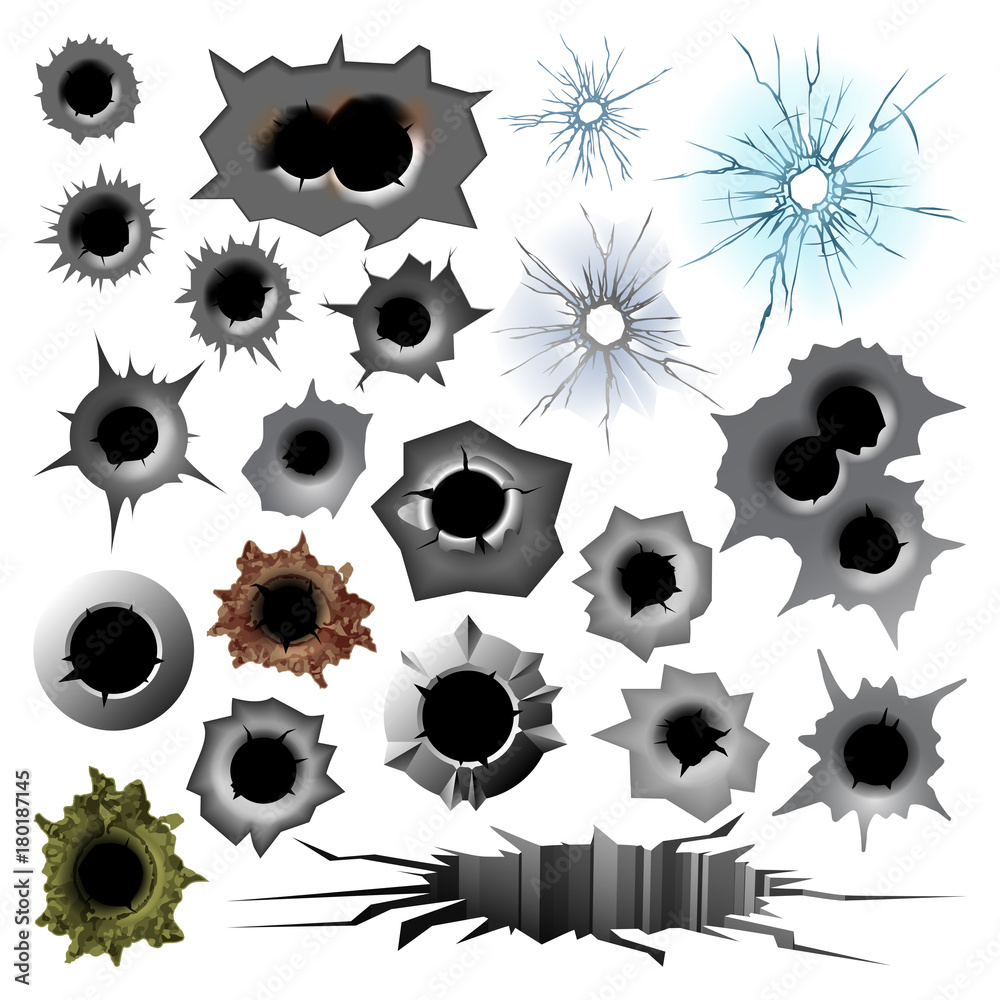 Bullet hole track trace sign gunshot crack torn steel war target break ...