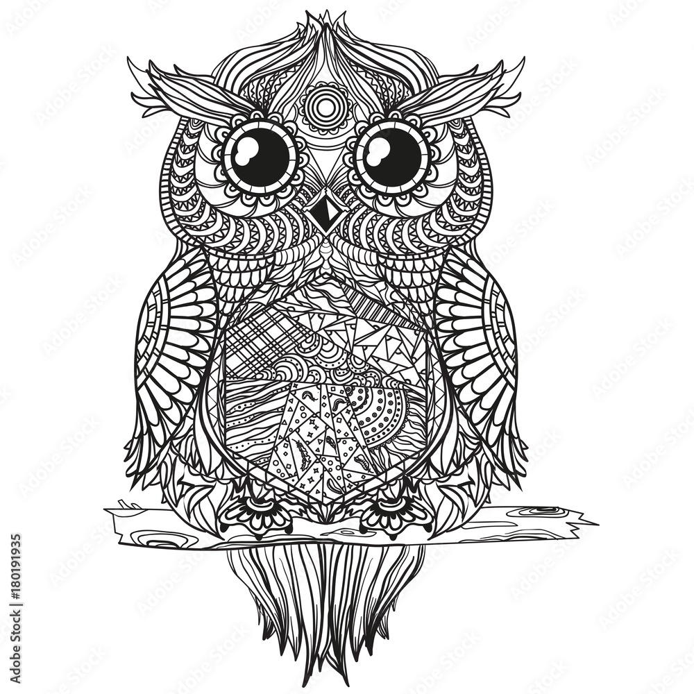 Owl. Zen art. Design Zentangle. Detailed hand drawn vintage owl with ...